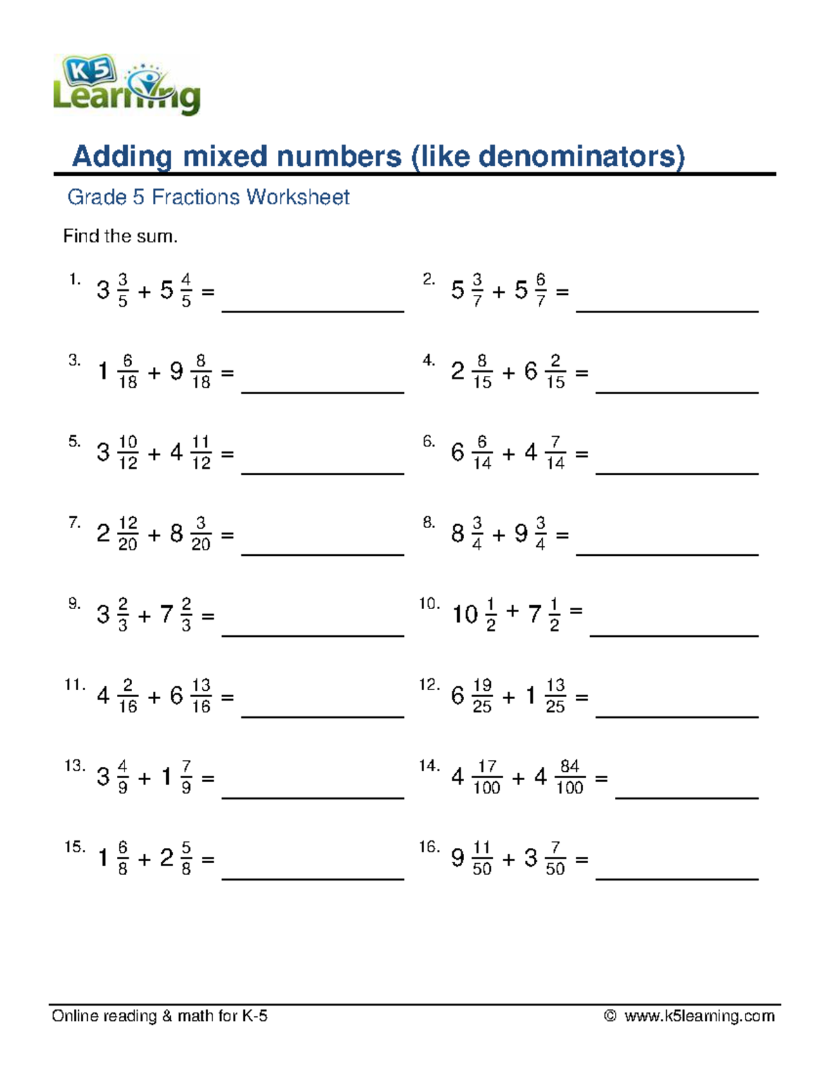Grade 5 adding mixed numbers like denominators a - Online reading ...