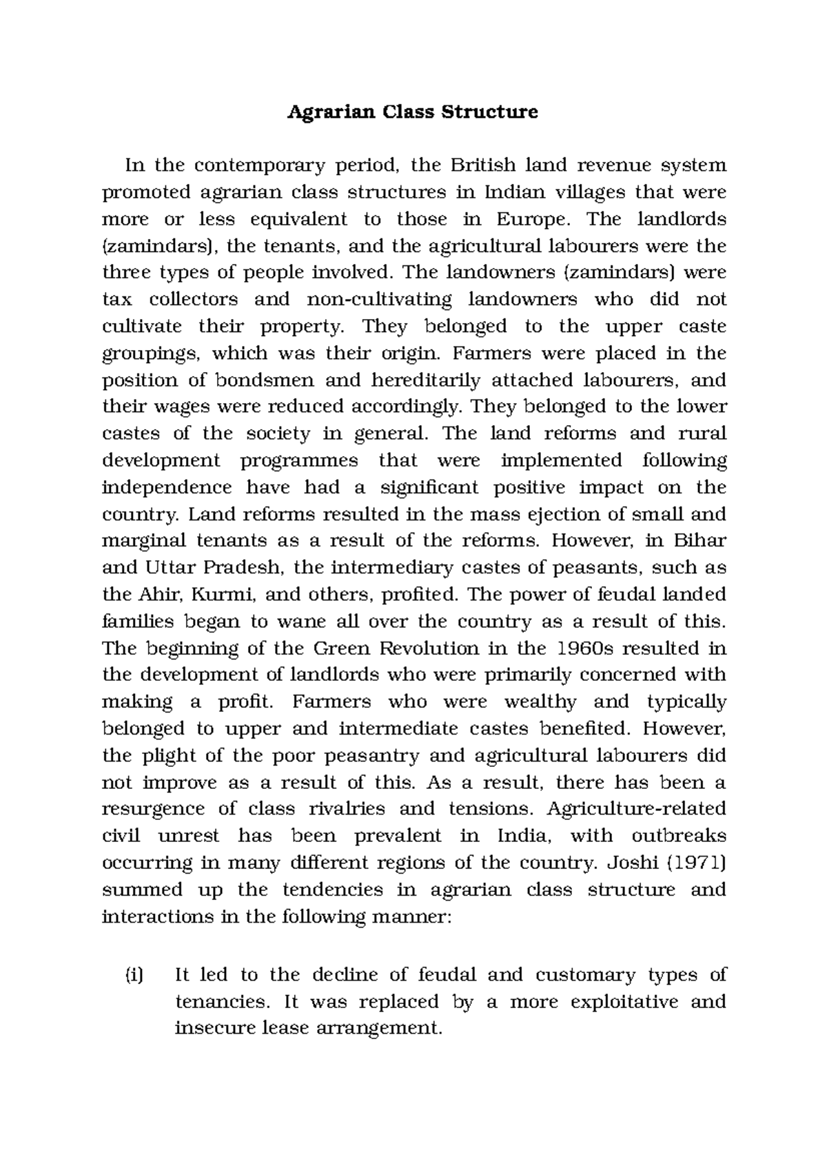 Agrarian Class Structure - Rural Sociology - Studocu