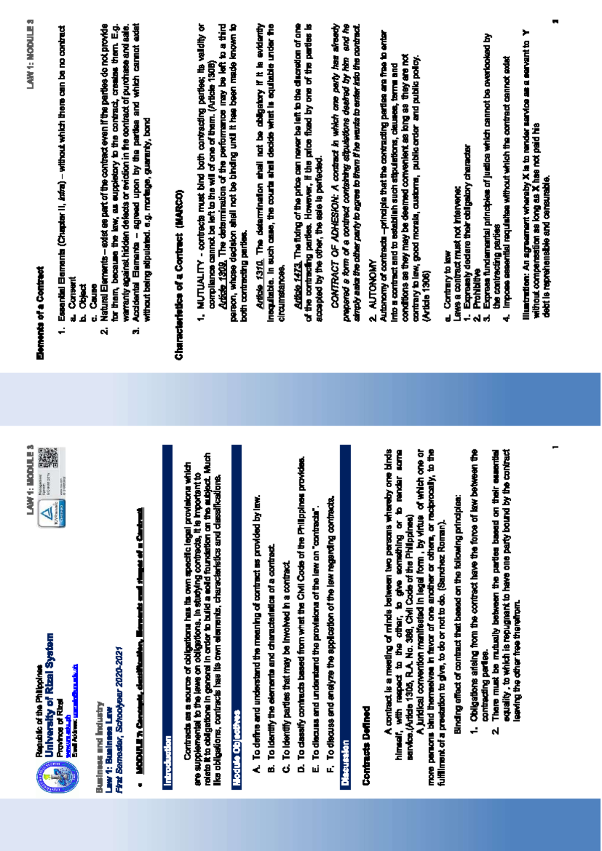 Law mod 7 - Module in LAW - LAW 1: MODULE 3 LAW 1: MODULE 3 Republic of ...