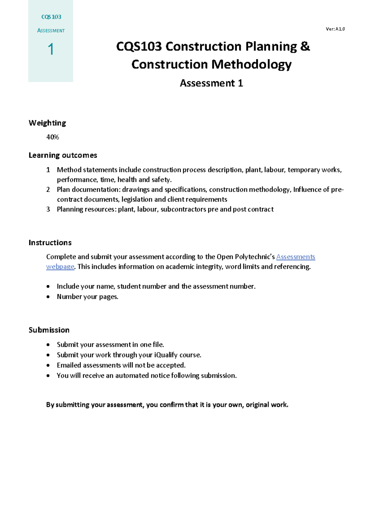 CQS103 Assessment 1 - Construction Assignments - Ver: A1. CQS103 ...