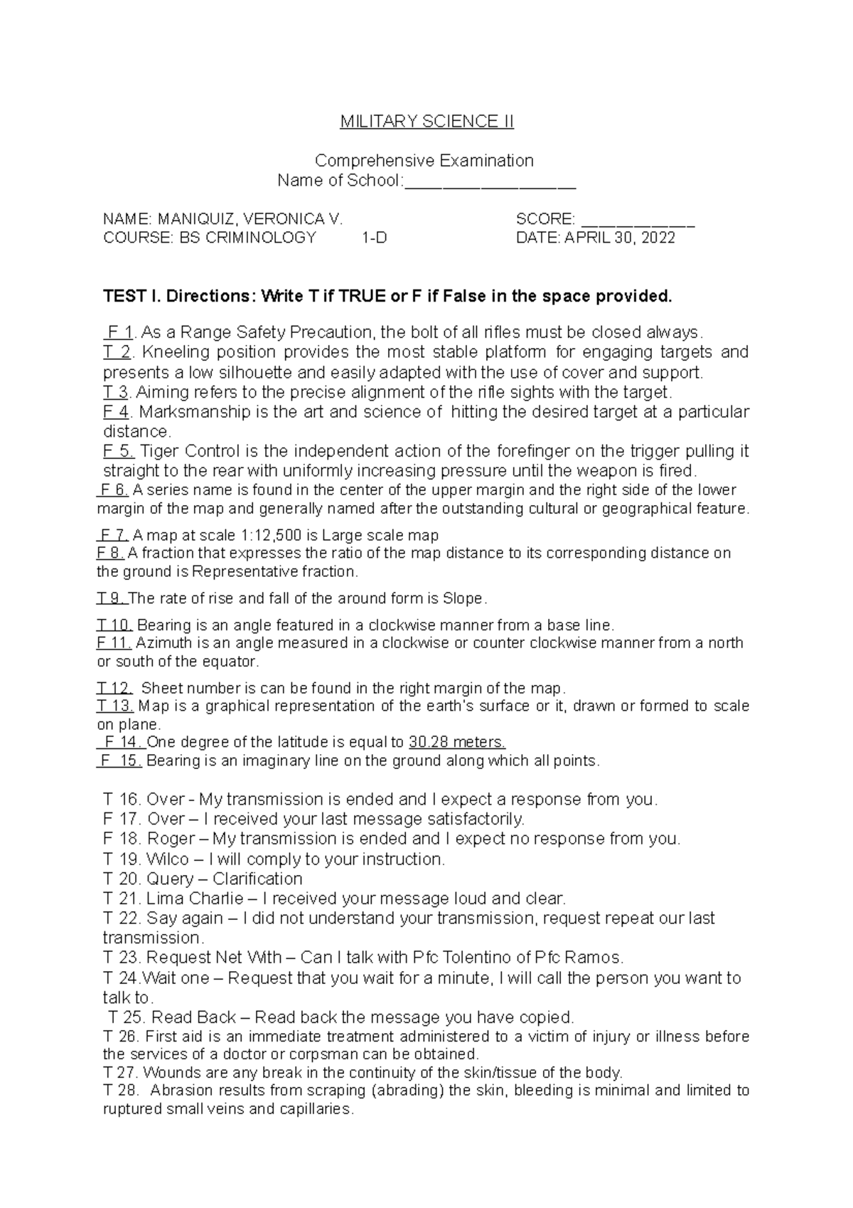 Rotc Midterm - Activity - MILITARY SCIENCE II Comprehensive Examination ...