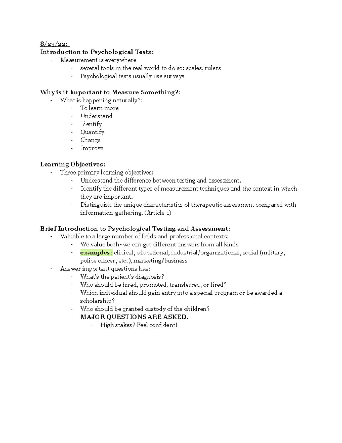 Psychological tests exam #1 - 8/23/22: Introduction to Psychological ...