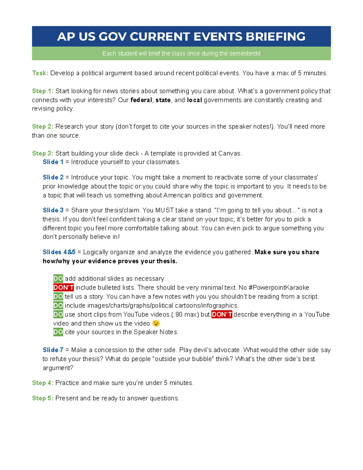Current Events Briefings Instructions - AP US GOV CURRENT EVENTS ...