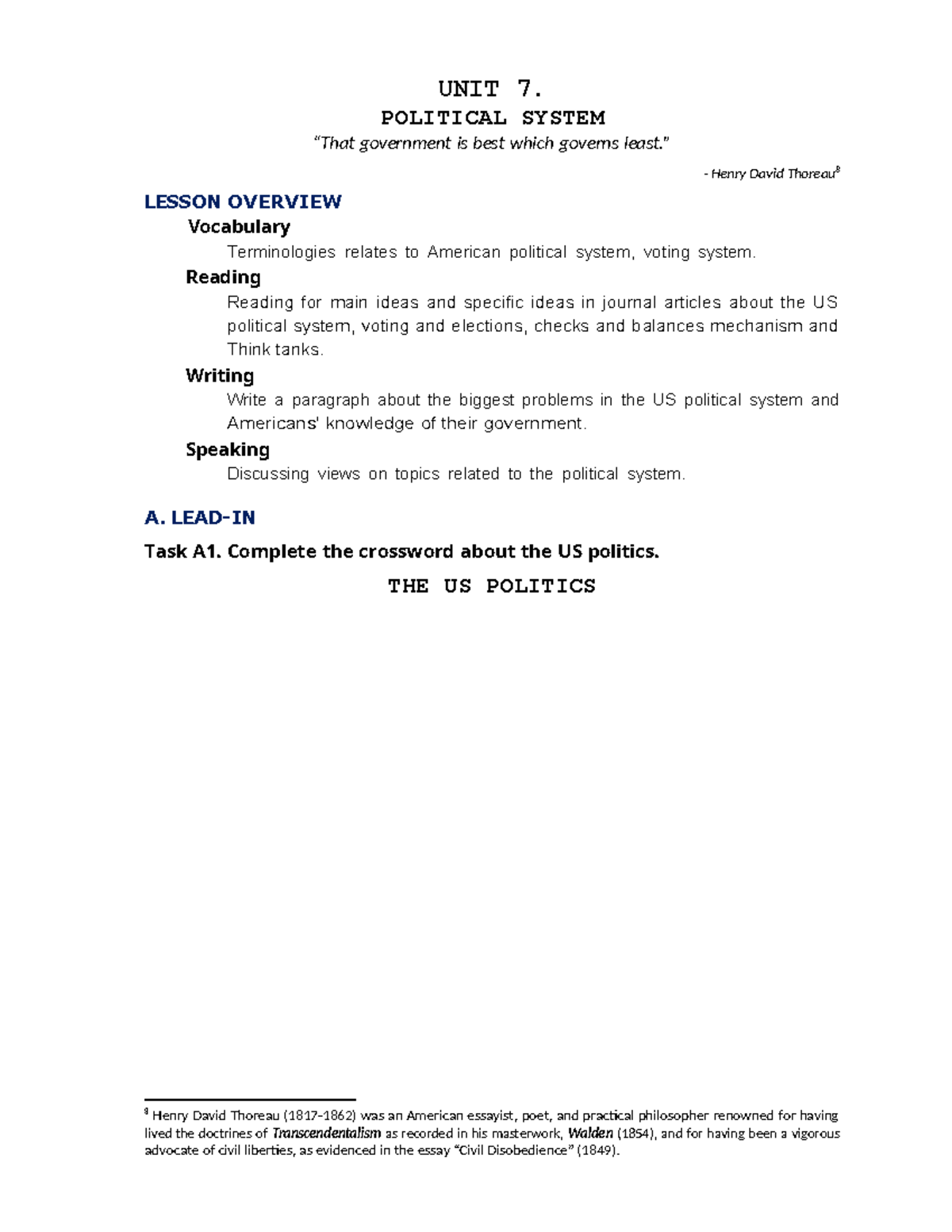 UNIT 7 Political System - UNIT 7. POLITICAL SYSTEM “That government is ...