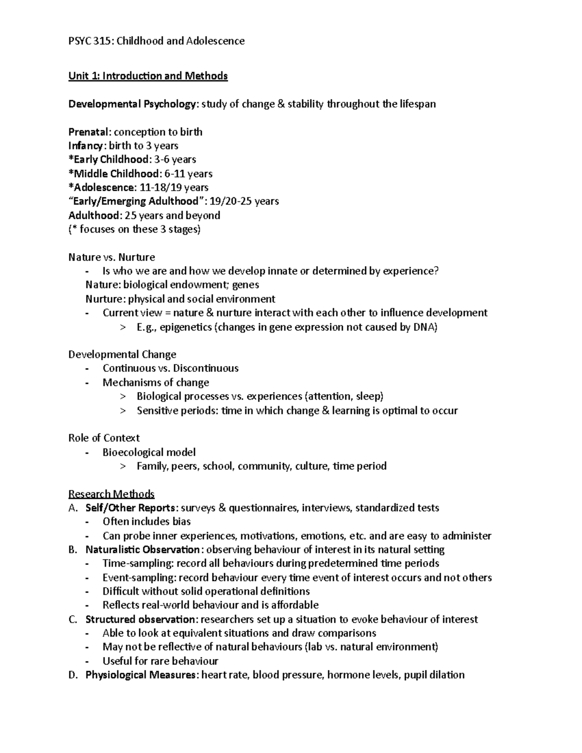 PSYC 315 Full notes [Exam 1] - Unit 1: Introduction and Methods ...