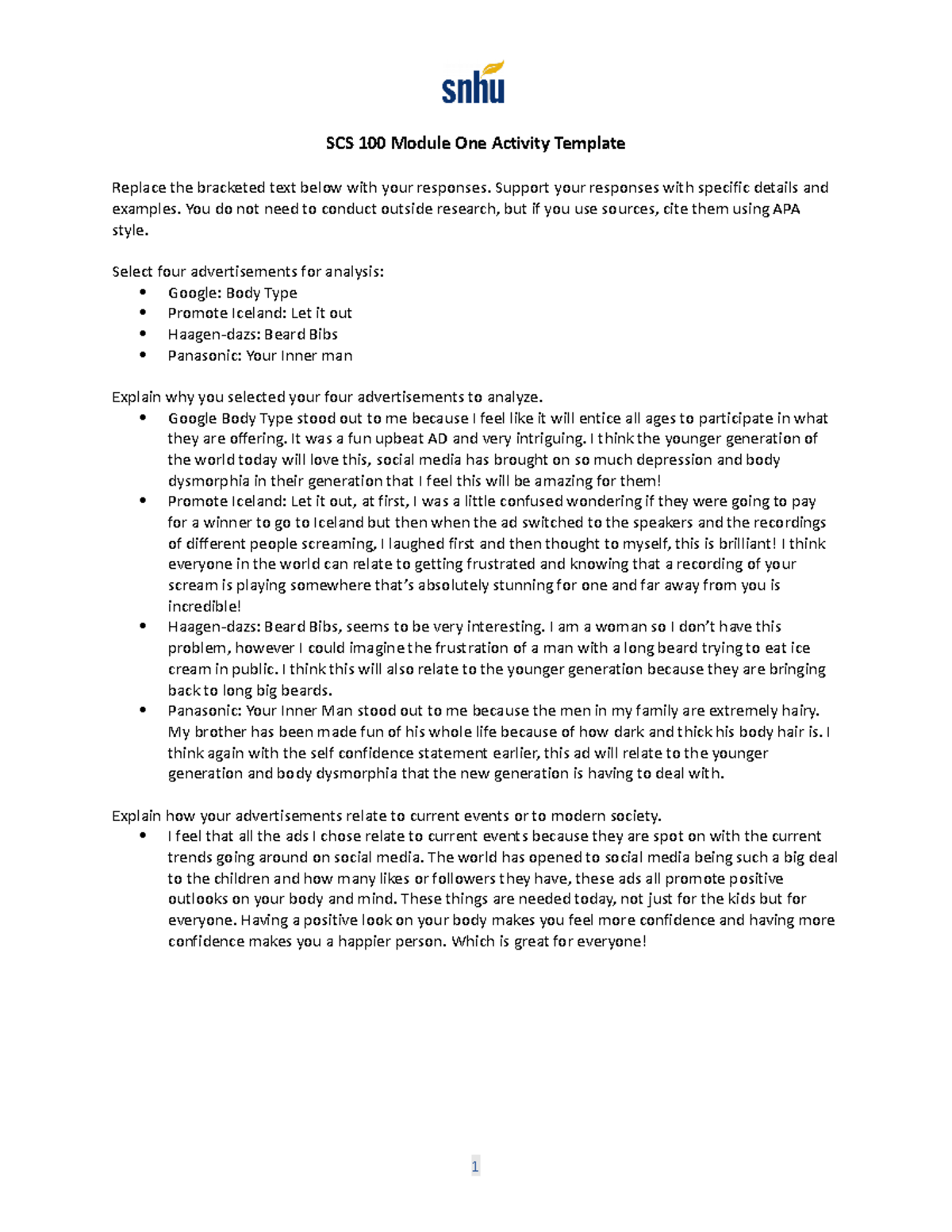 SCS 100 Module One Activity - Support your responses with specific ...