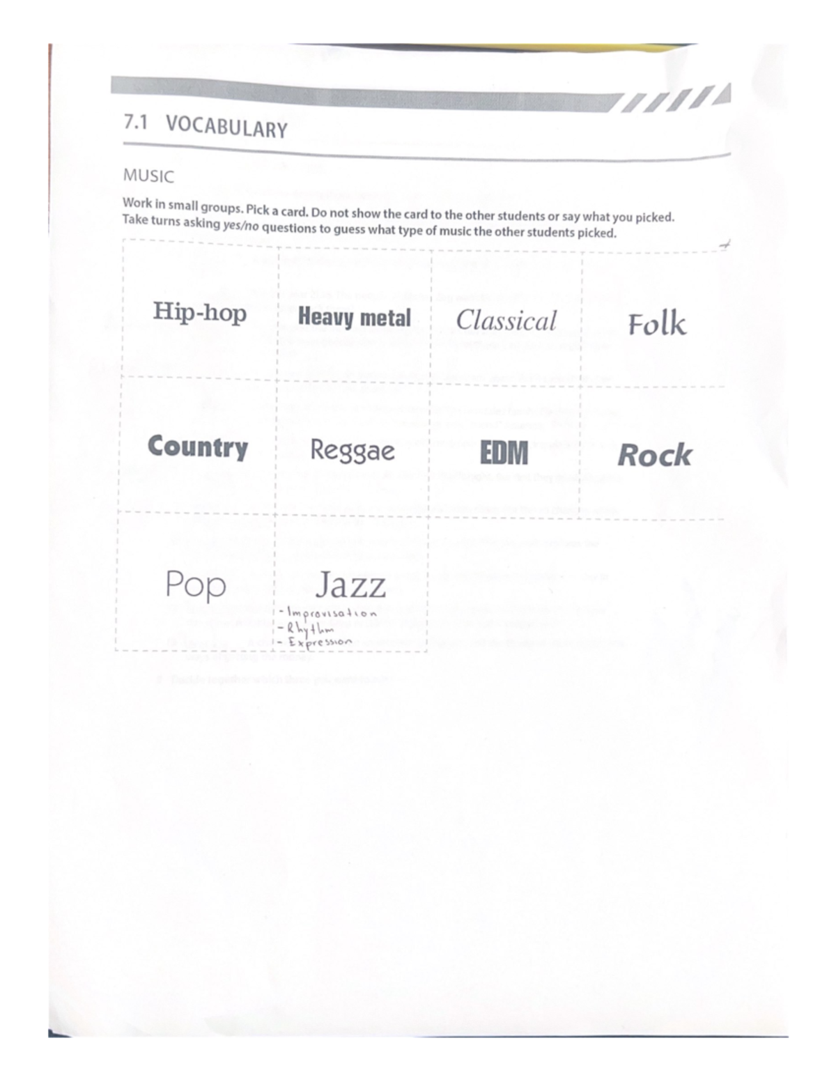 Handout Unit 7 - TIMI 7 VOCABULARY MUSIC Work in small groups. Pick a ...