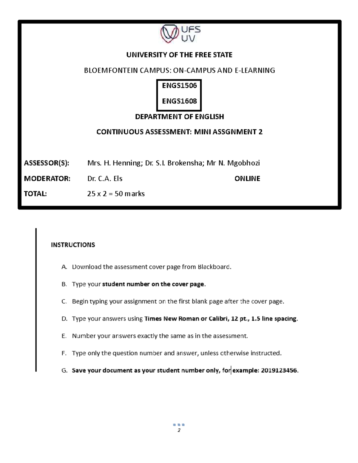 MA2 - Mini Assignment 2, ENGS1506/1608 - UNIVERSITY OF THE FREE STATE ...