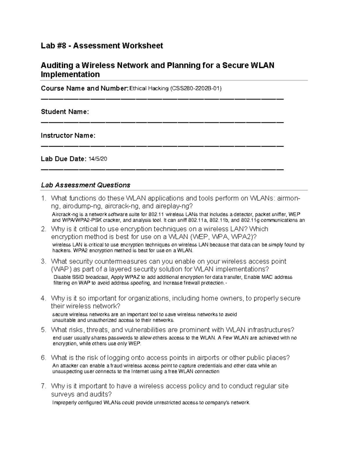 Hacking WLAN applications and Tools - Lab #8 - Assessment Worksheet ...
