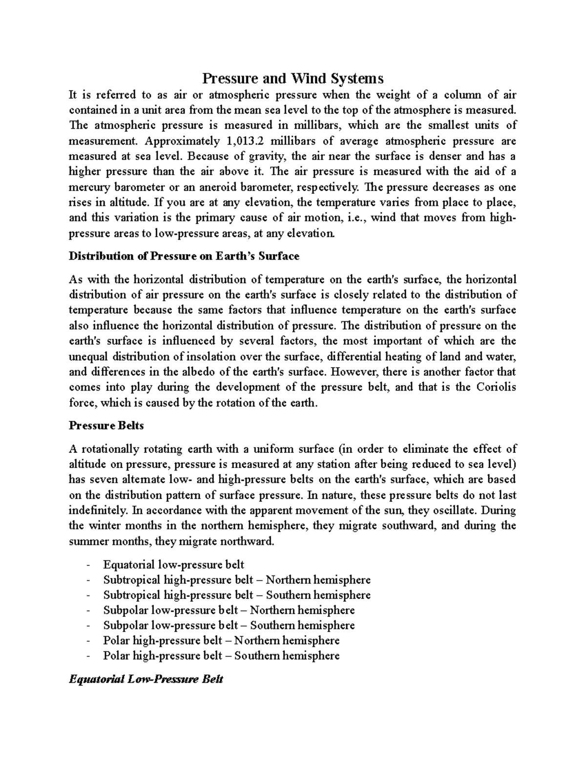 Pressure and Wind Systems - The atmospheric pressure is measured in ...