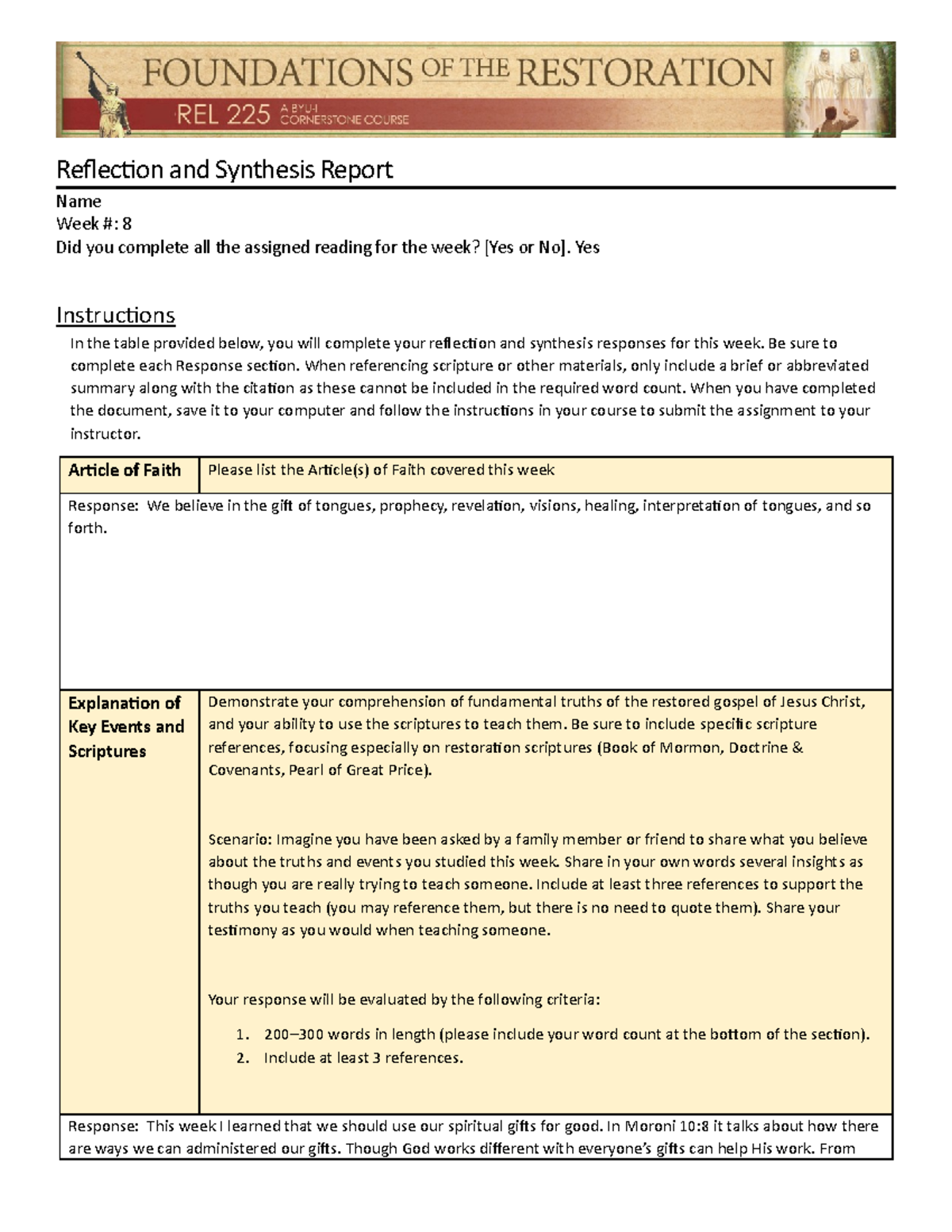 week 8 reflection - Reflection and Synthesis Report Name Week #: 8 Did you complete all the ...