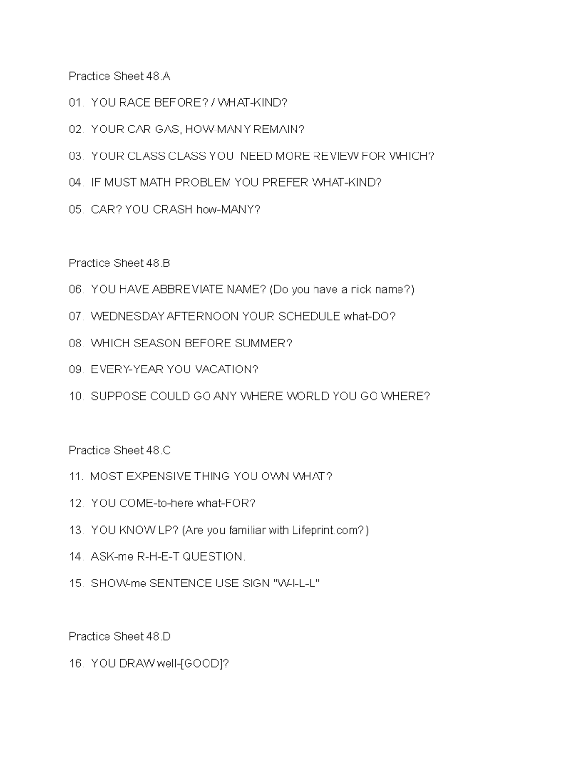 American Sign Language Vocab and Sentences Lesson 48 - Practice Sheet ...