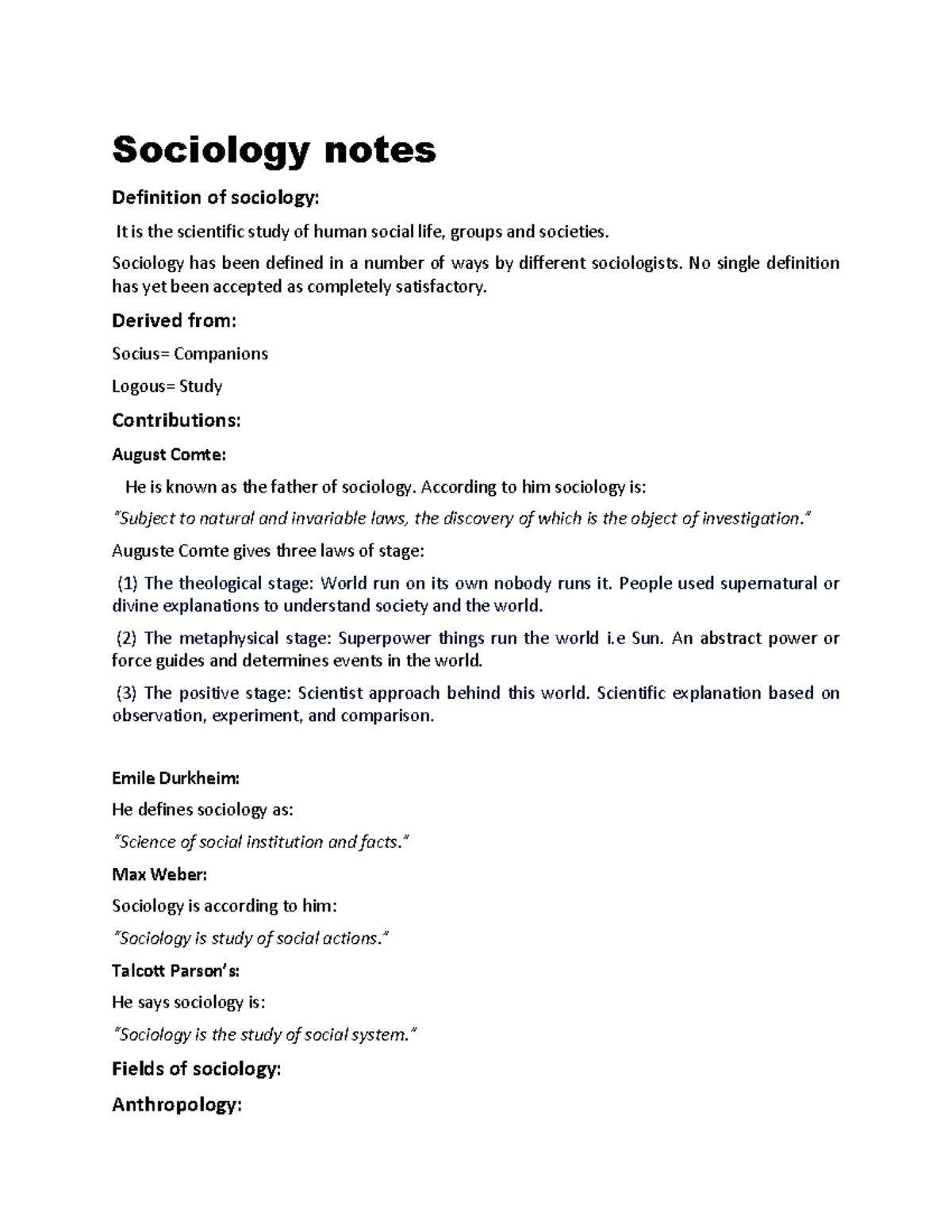 Sociology notes-2 - Sociology notes Definition of sociology: It is the ...