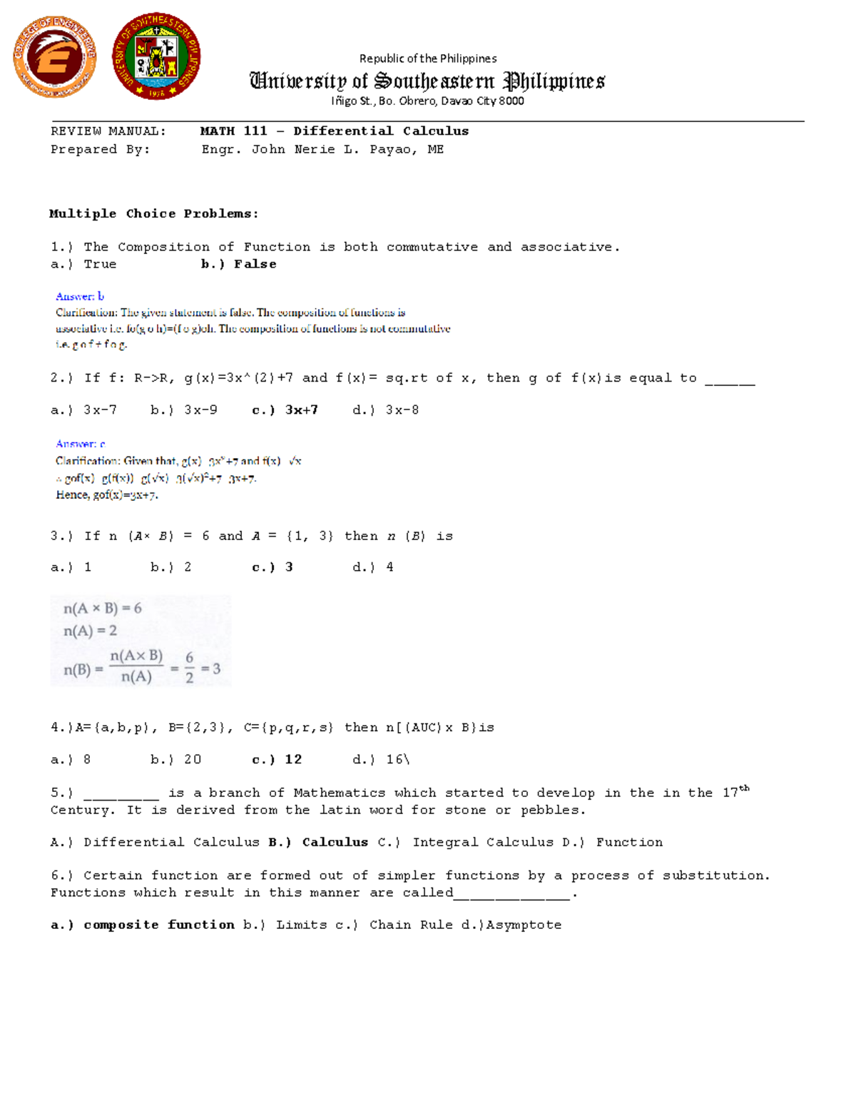 MATH 111 Review Manual - Notws - University of Southeastern Philippines ...