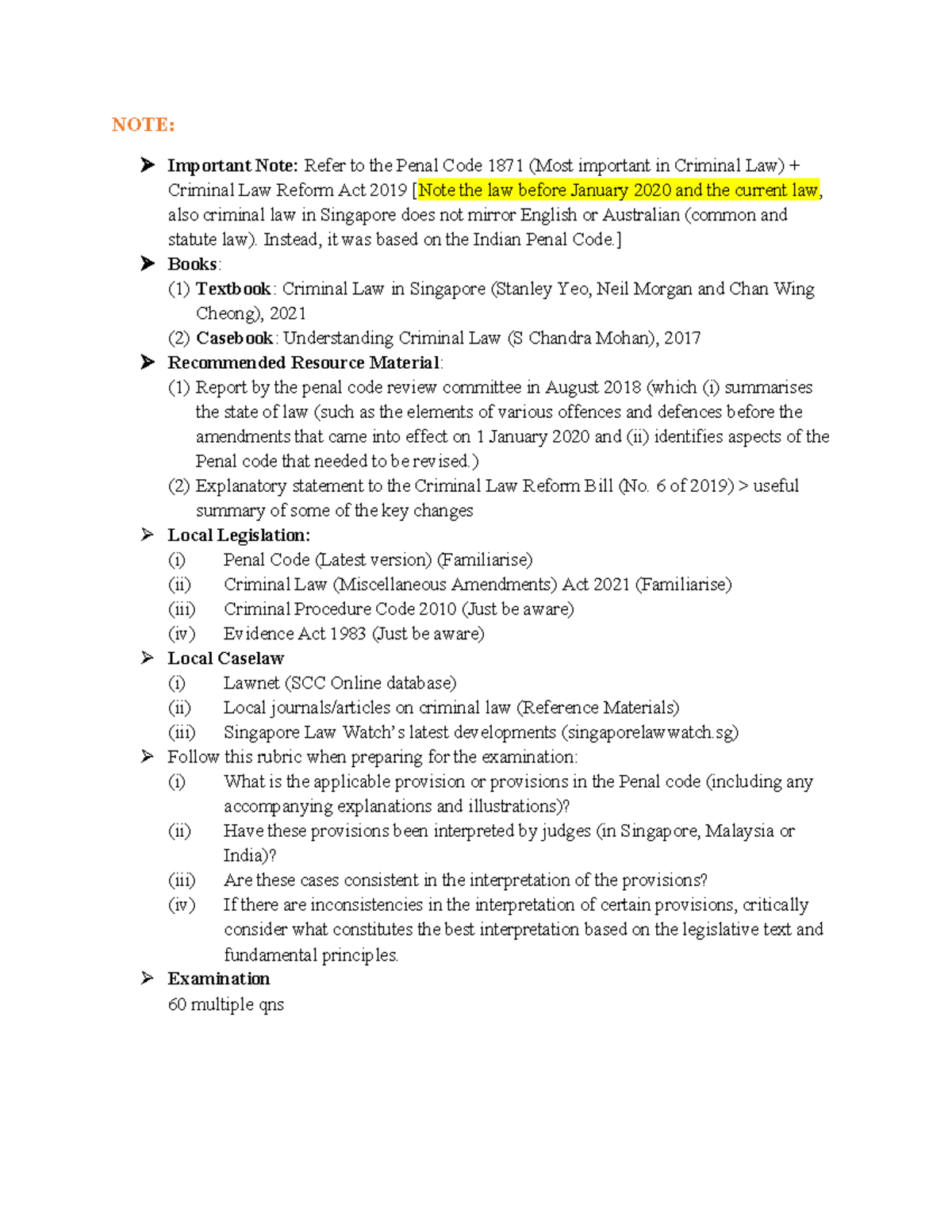 Criminal LAW Seminar 1 - NOTE: Important Note: Refer to the Penal Code ...