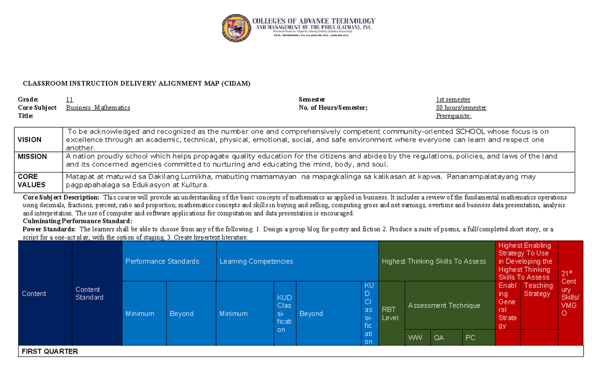 Cidam- Business MATH - Approved materials - CLASSROOM INSTRUCTION ...