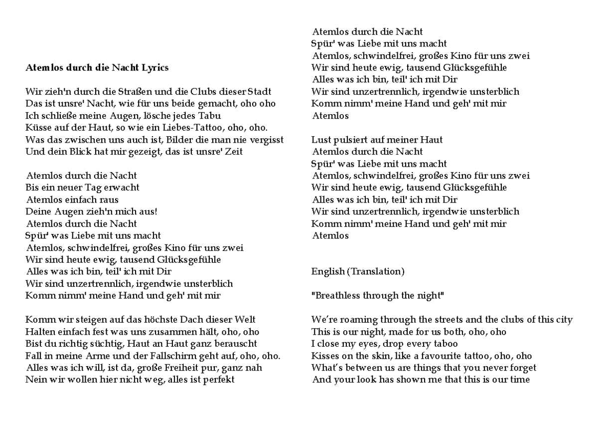 German songs lyrics - Atemlos durch die Nacht Lyrics Wir zieh'n durch ...