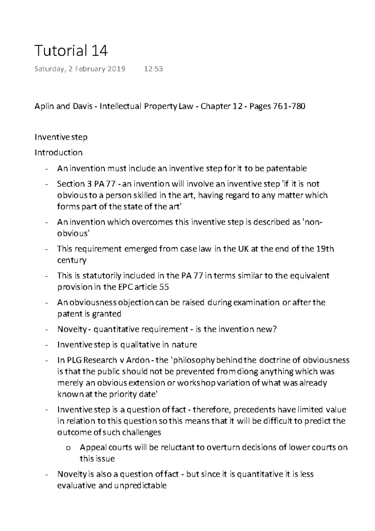 IP - Tutorial 14 - Inventive Step - Aplin and Davis -Intellectual ...