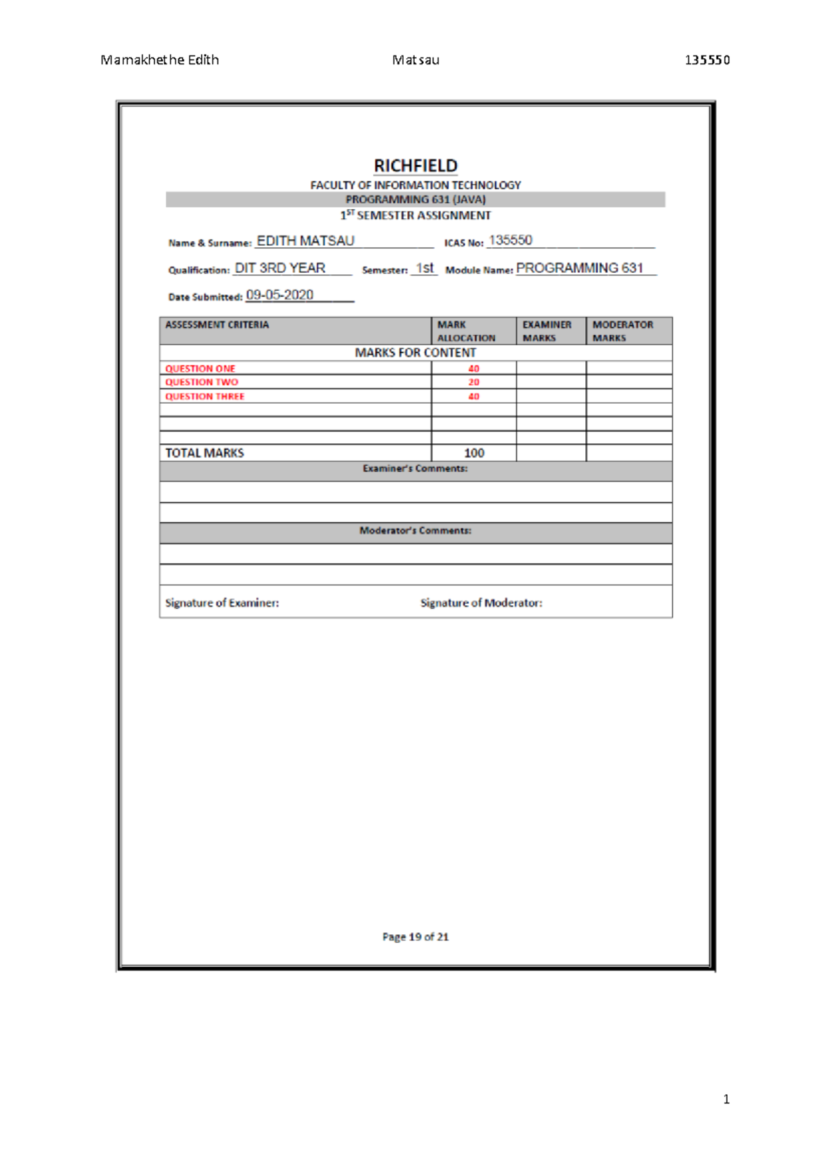 my assignment for programming 731 Java - Richfield - Studocu