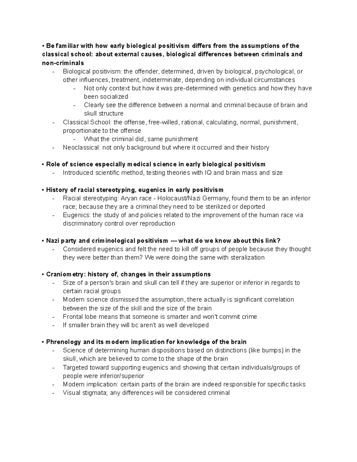 Criminology Study Guide - Be familiar with how early biological ...