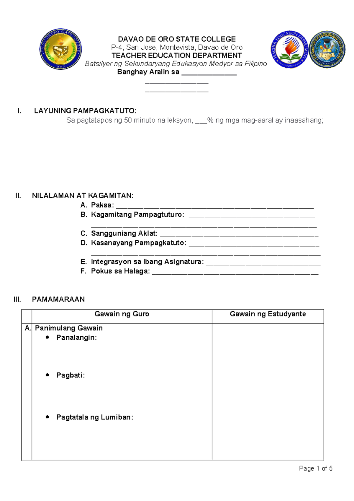 LP Template 7As Detailed Filipino 1 - DAVAO DE ORO STATE COLLEGE P-4 ...