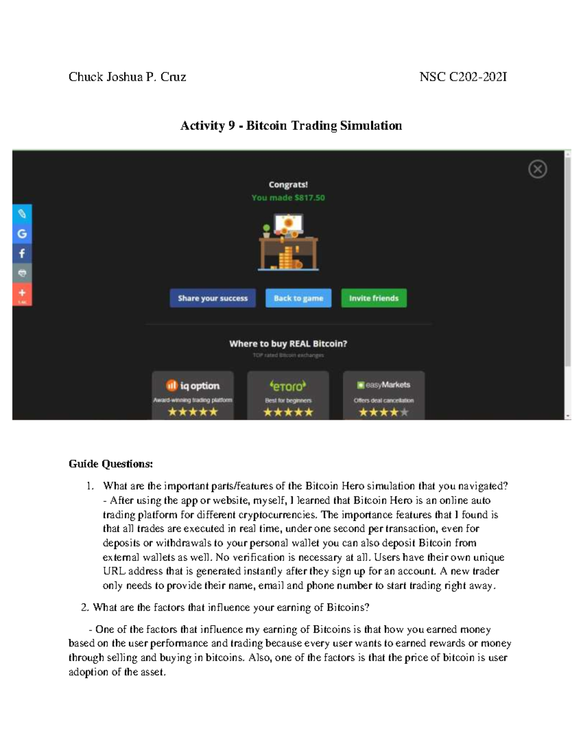 Activity 9 - Bitcoin Trading Simulation Cruz Chuck Joshua - Chuck ...