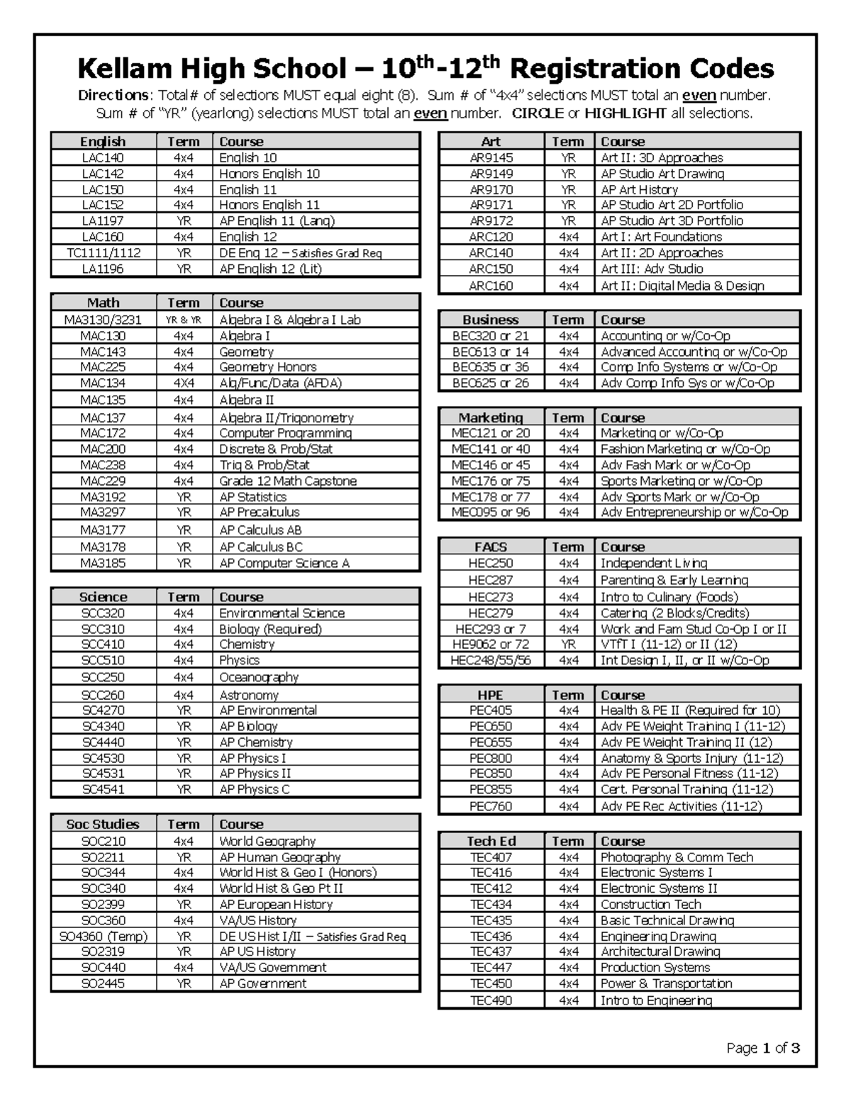 Course Registration 10 12 Page 1 Of 3 Kellam High School 10 Th Th