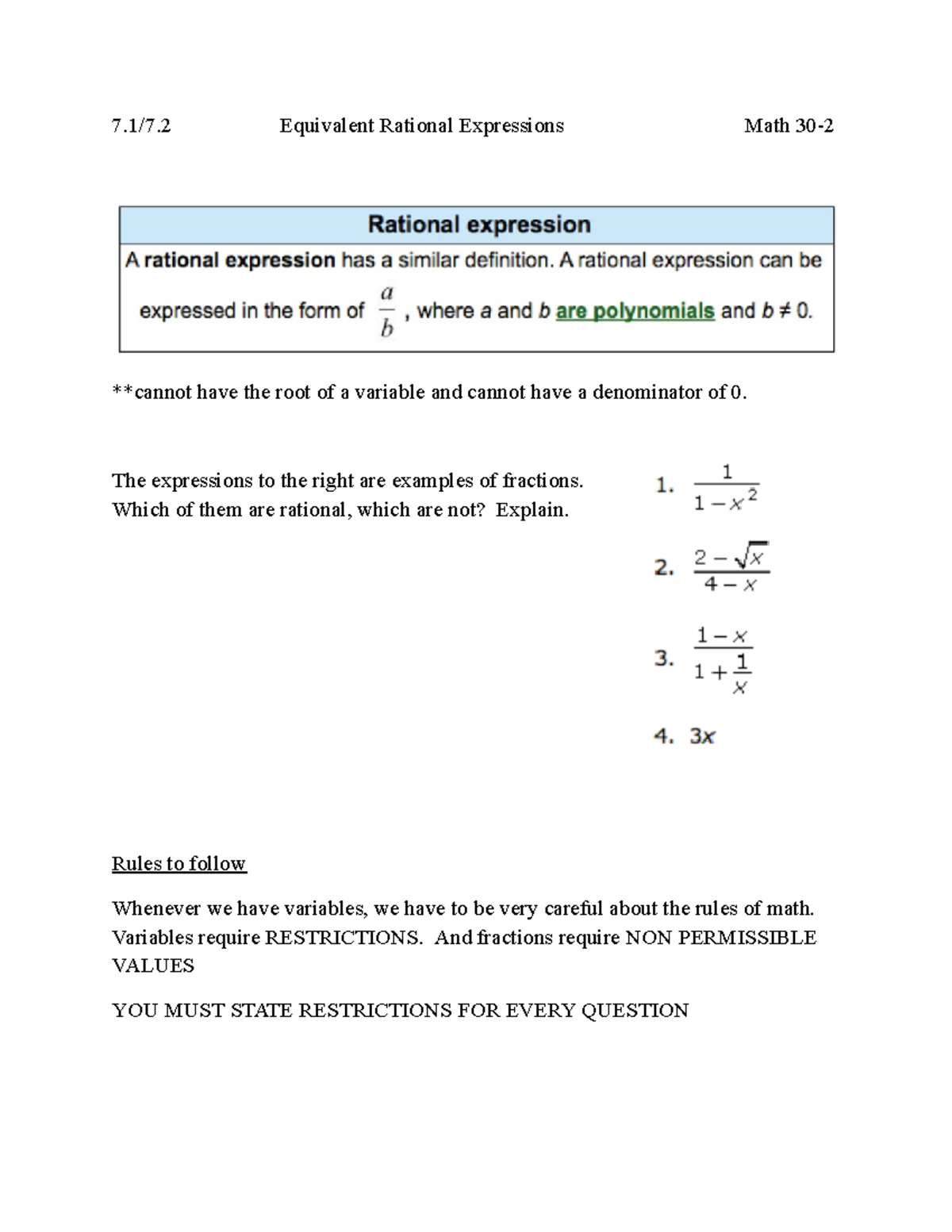 Full set8 - sas - 7.1/7 Equivalent Rational Expressions Math 30 ...