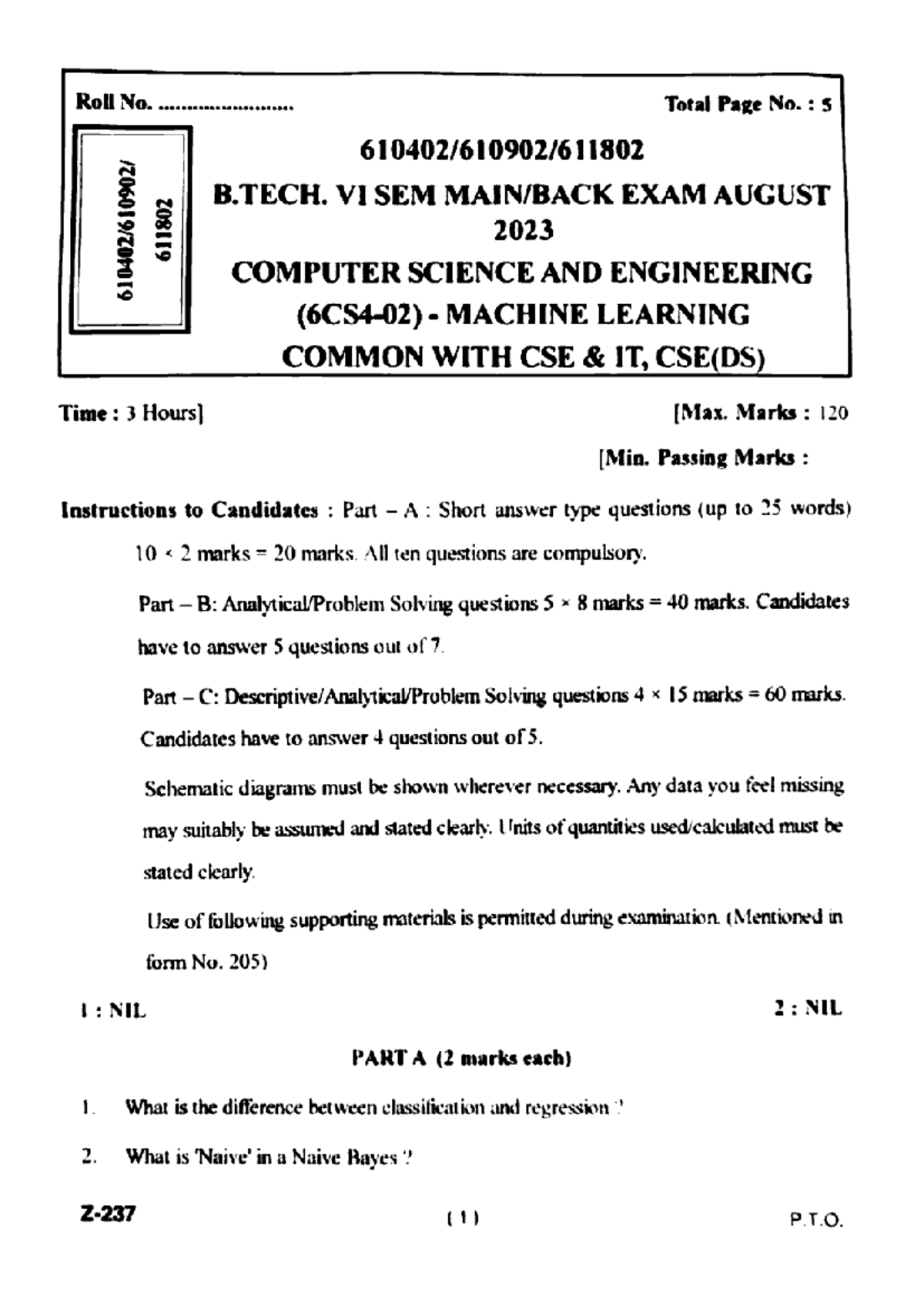 Btech cs it 6 sem machine learning 610402 aug 2023 - Machine Learning - Studocu