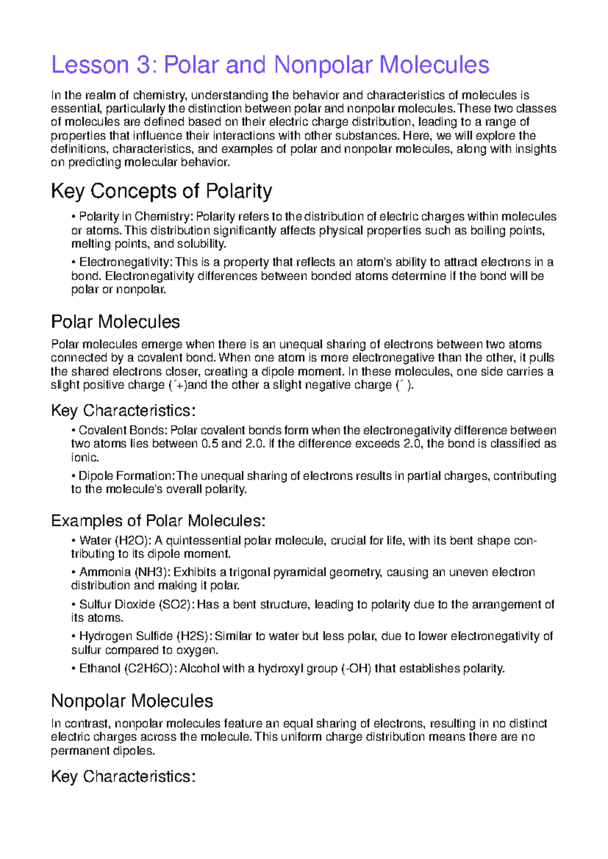 Reviewer for exams - Lesson 3: Polar and Nonpolar Molecules In the ...