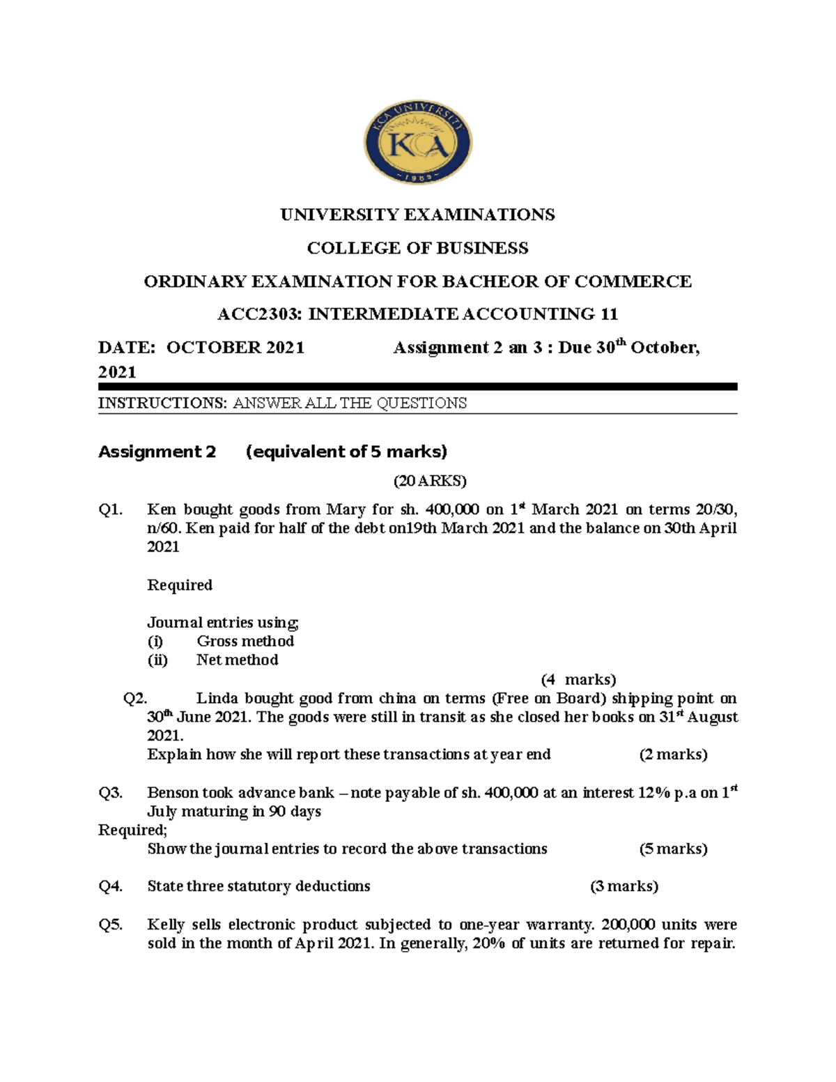Intermediate Acc11- Assignment 1 2 - UNIVERSITY EXAMINATIONS COLLEGE OF ...