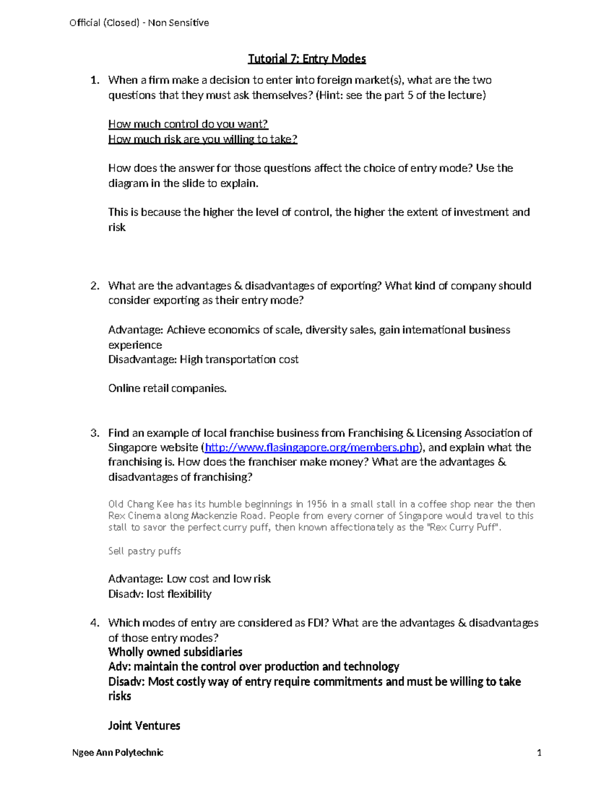 GLB Tutorial 7 - Questions - Official (Closed) - Non Sensitive Tutorial 7: Entry Modes 1. When a ...