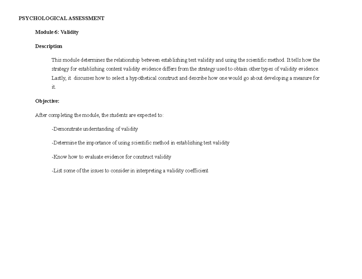 Psych Assess Module 6 Validity Psychological Assessment Module 6