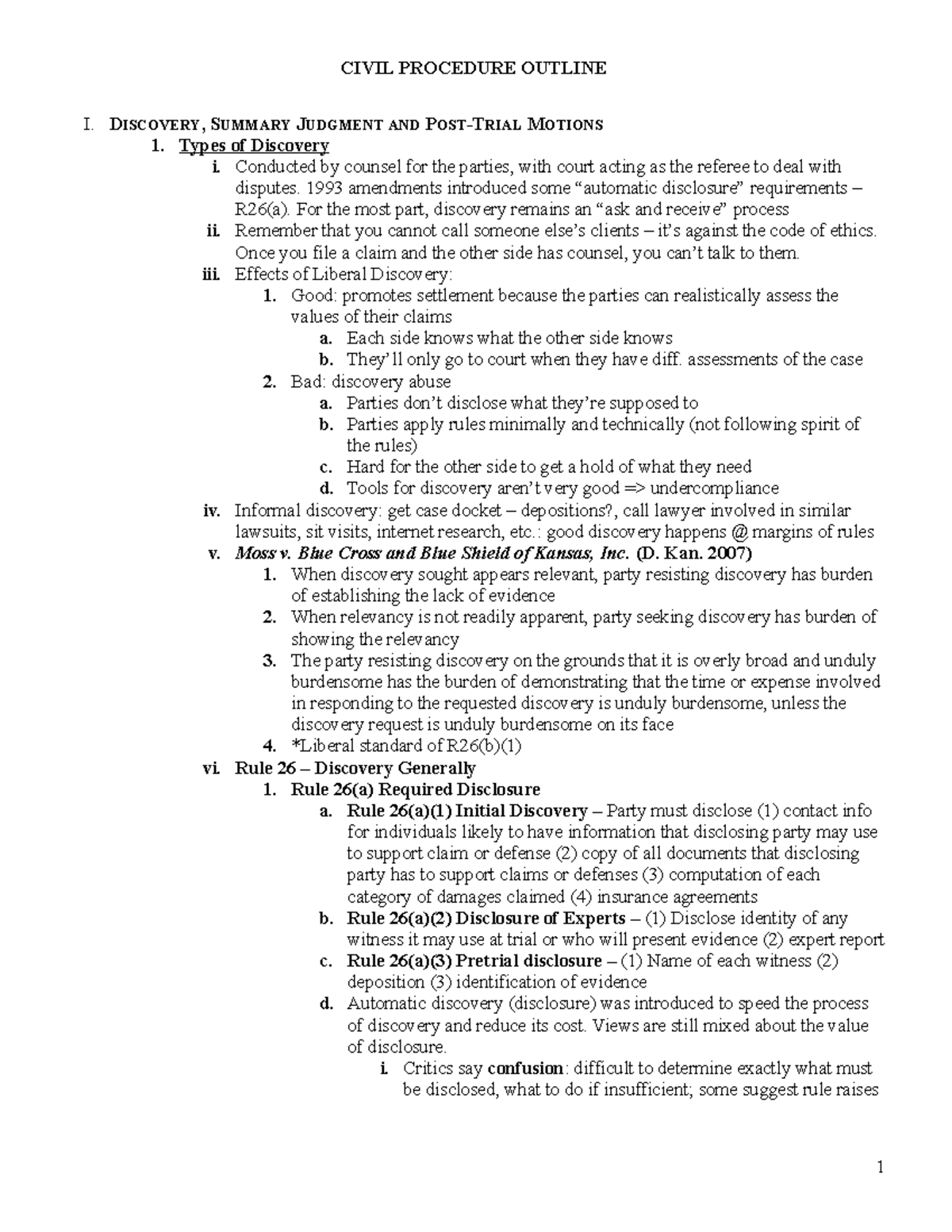 Civil Procedure Law Outline - 1 - I. DISCOVERY, SUMMARY JUDGMENT AND ...
