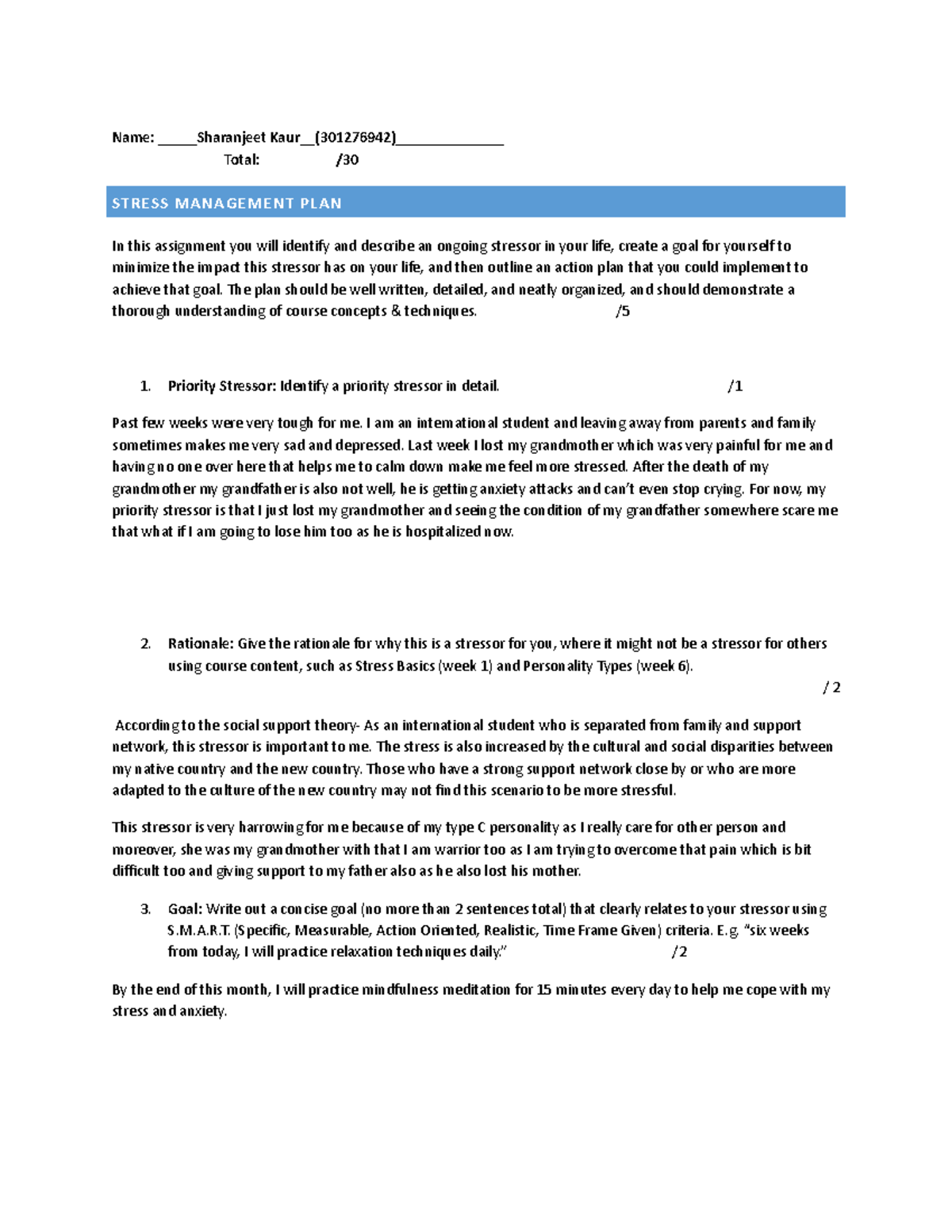 Revised Stress Management Plan - Name: Sharanjeet Kaur(301276942 ...
