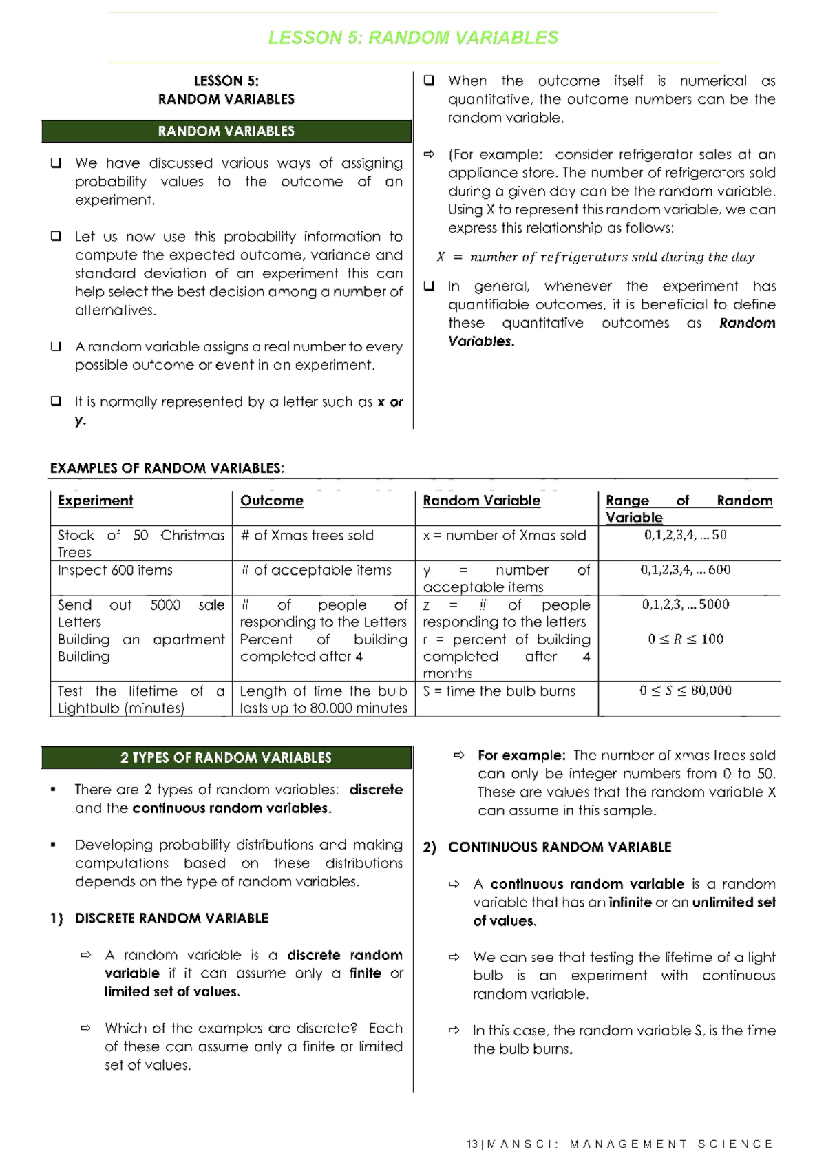 Lecture notes 101 - LESSON 5: RANDOM VARIABLES LESSON 5: When the ...