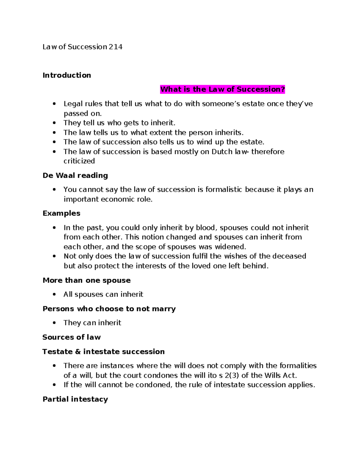 Law of Succession class notes - Law of Succession 214 Introduction What ...