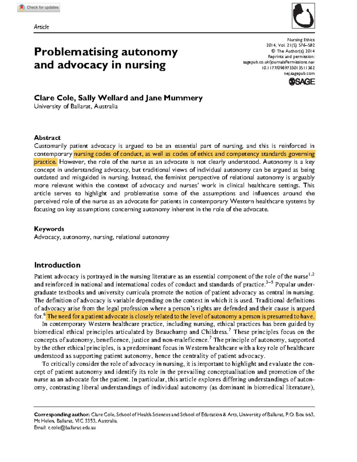 Problem - Article Problematising autonomy and advocacy in nursing Clare ...