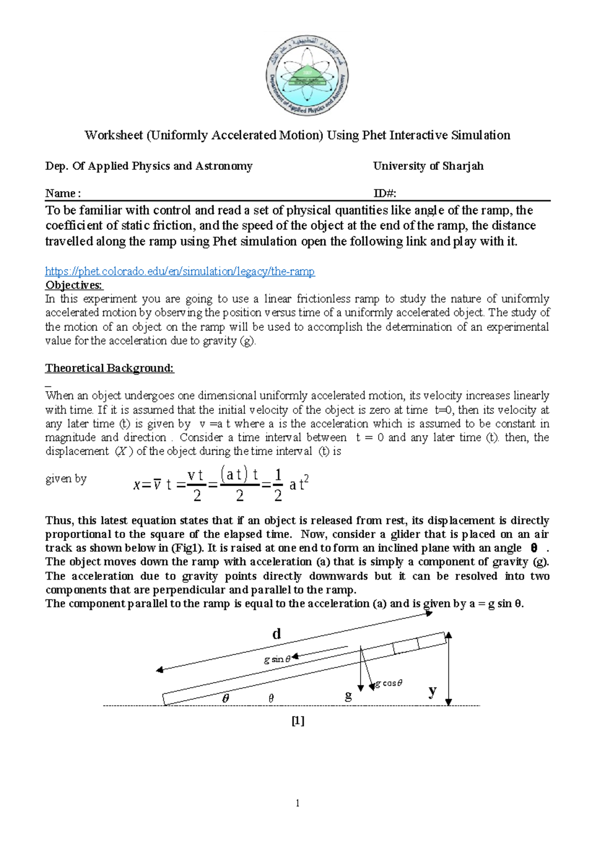 Uniformly accelerated motion - g gsin gcos d y Worksheet (Uniformly ...