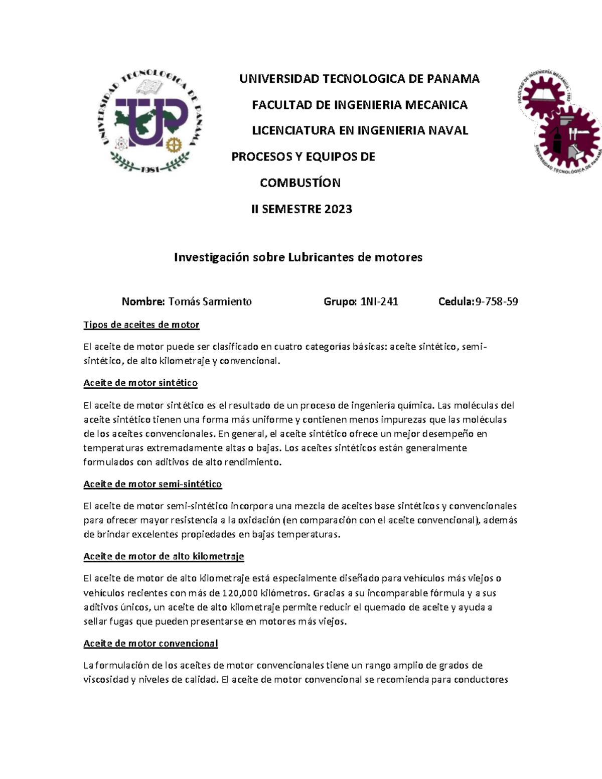 Investigación 1 Tomas Sarmiento 9-758-59 - UNIVERSIDAD TECNOLOGICA DE PANAMA FACULTAD DE ...