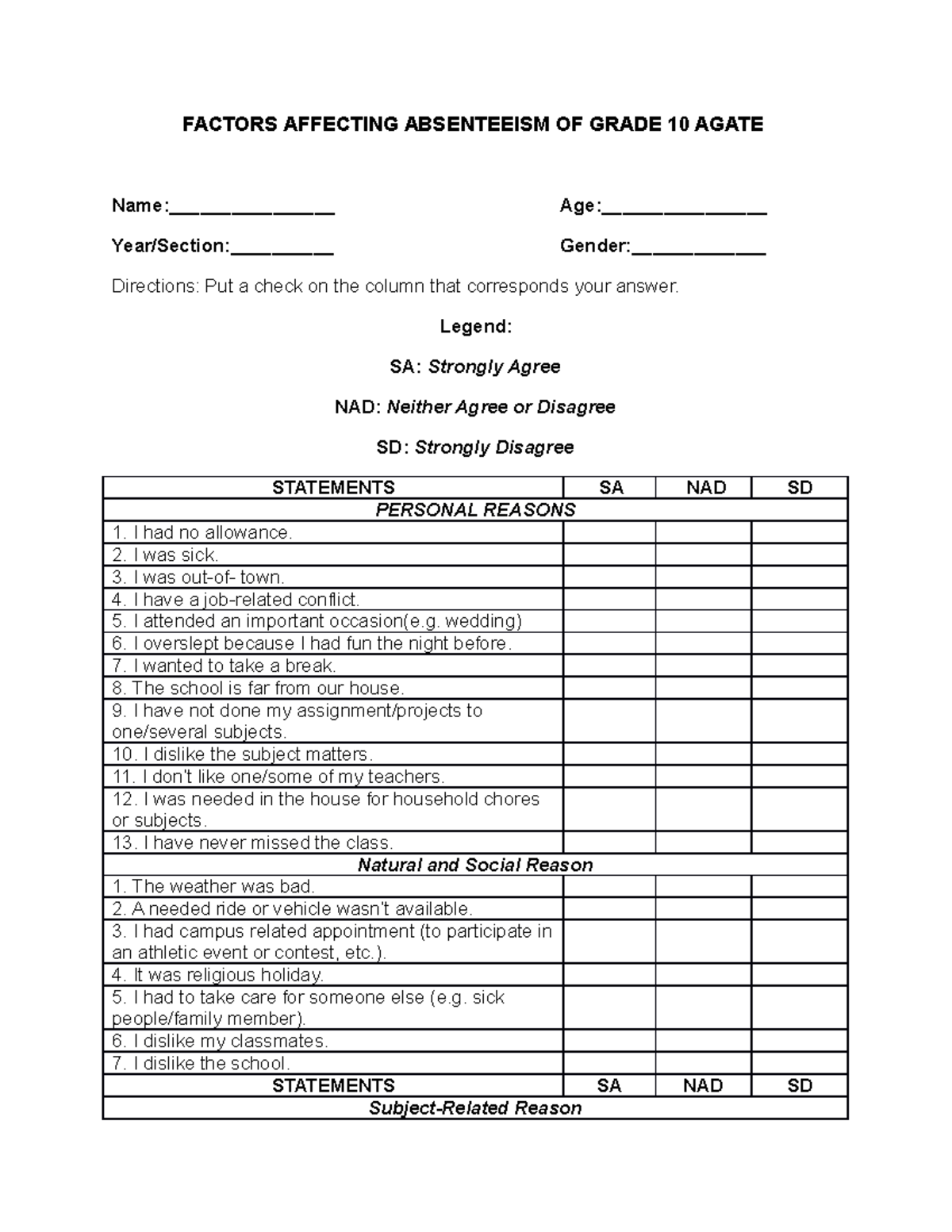 Questionnaire - FACTORS AFFECTING ABSENTEEISM OF GRADE 10 AGATE Name ...