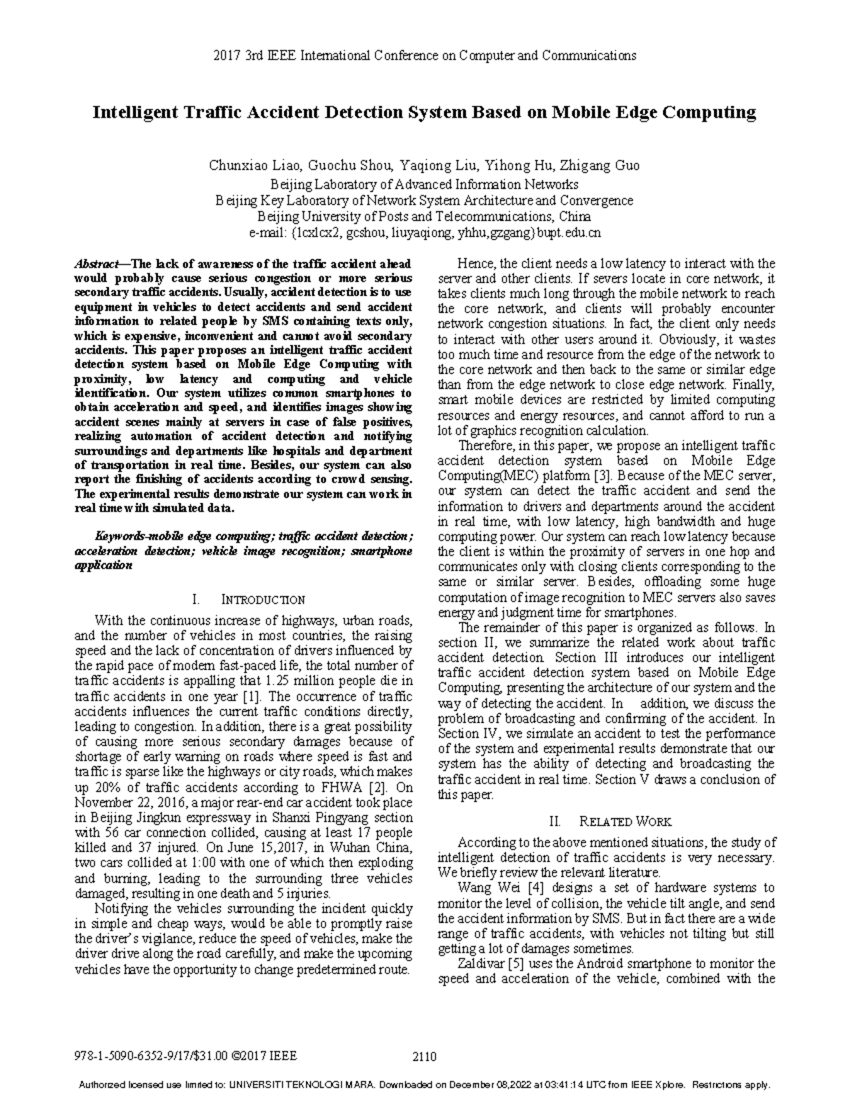 Intelligent Traffic Accident Detection System Based On Mobile Edge Computing Intelligent