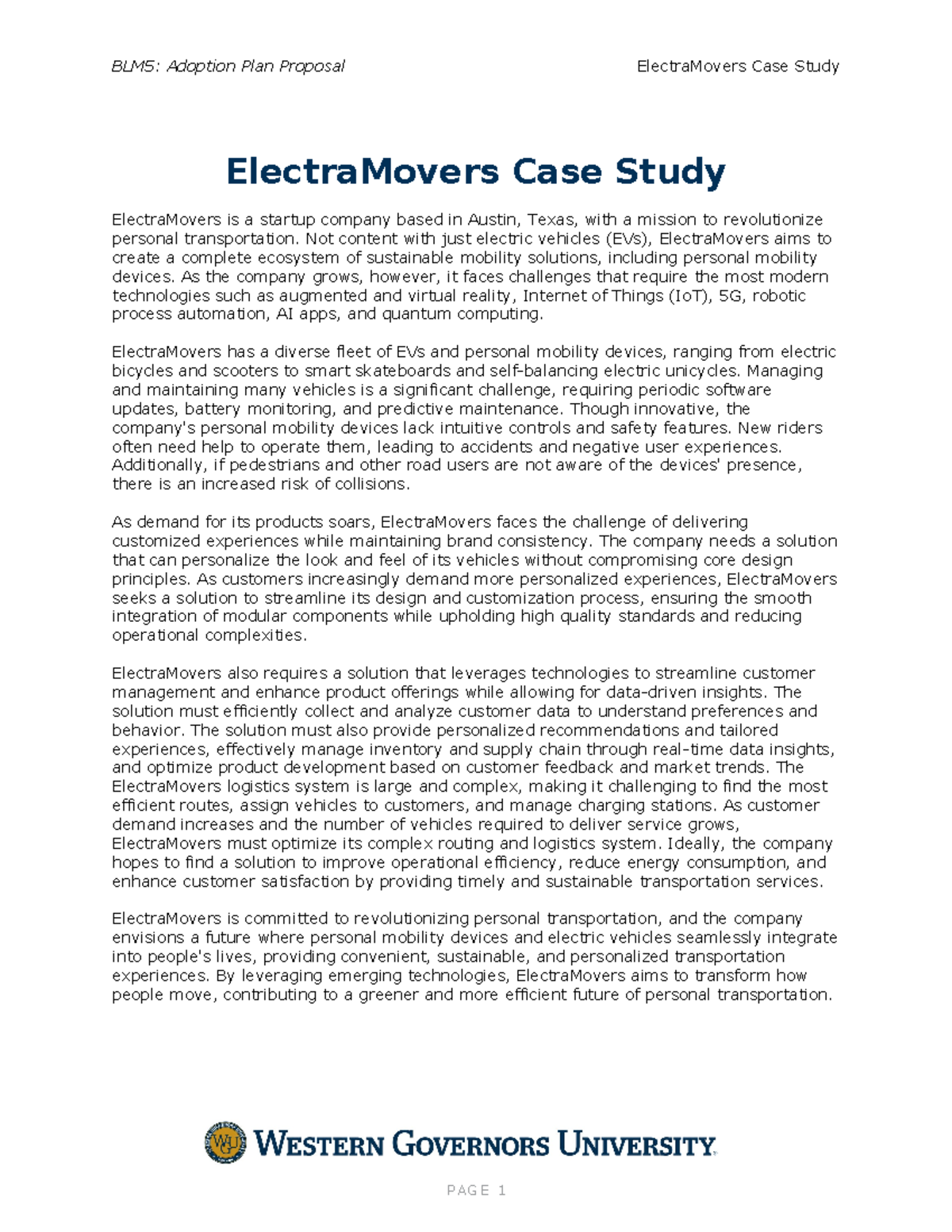 Electra Movers Case Study - BLM5: Adoption Plan Proposal ElectraMovers Case Study ElectraMovers ...