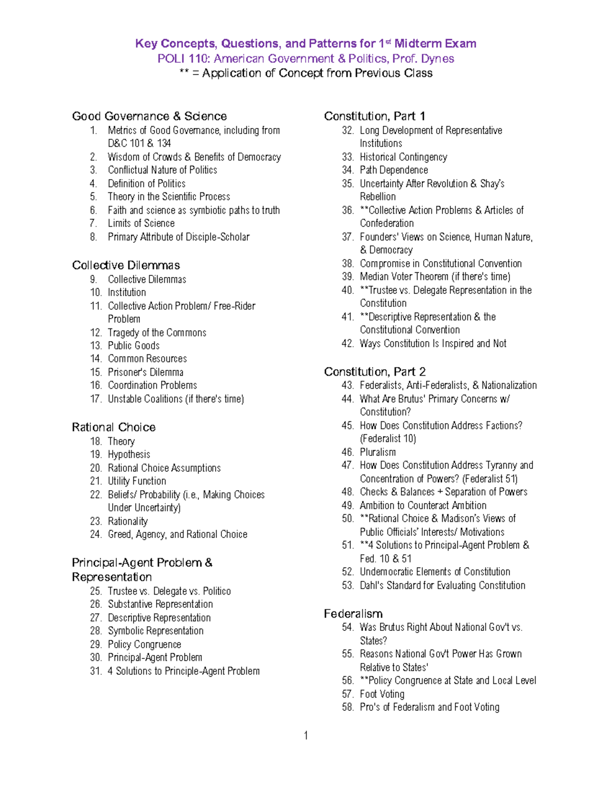 POLI 110 midterm 1 - 1 Key Concepts, Questions, and Patterns for 1st Midterm Exam POLI 110 ...