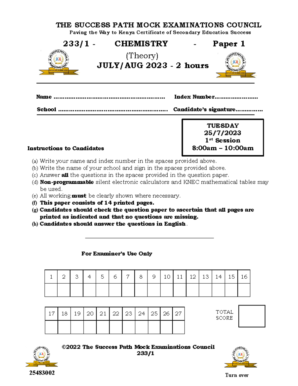 CHEM PP1 2023 Success PATH MOCK - ©2022 The Success Path Mock ...
