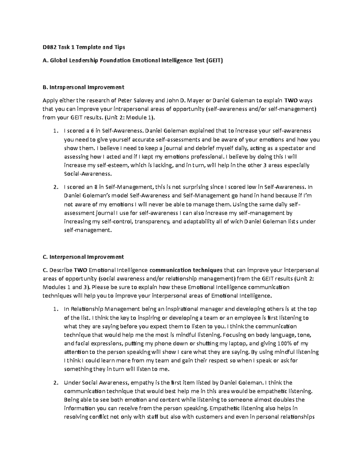 D082 Task 1 - Passed - D082 Task 1 Template and Tips A. Global Leadership Foundation Emotional ...
