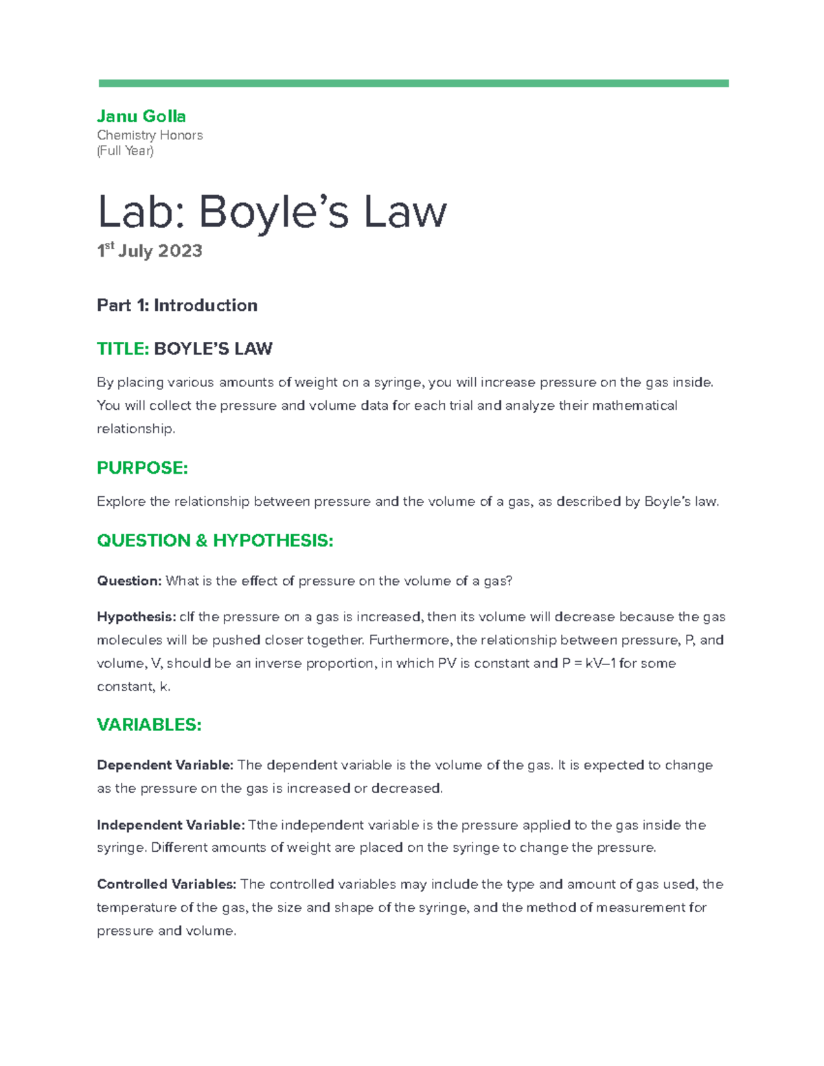 Lab Boyle's Law (Janu Golla) - Janu Golla Chemistry Honors (Full Year) Lab: Boyle’s Law 1 st ...
