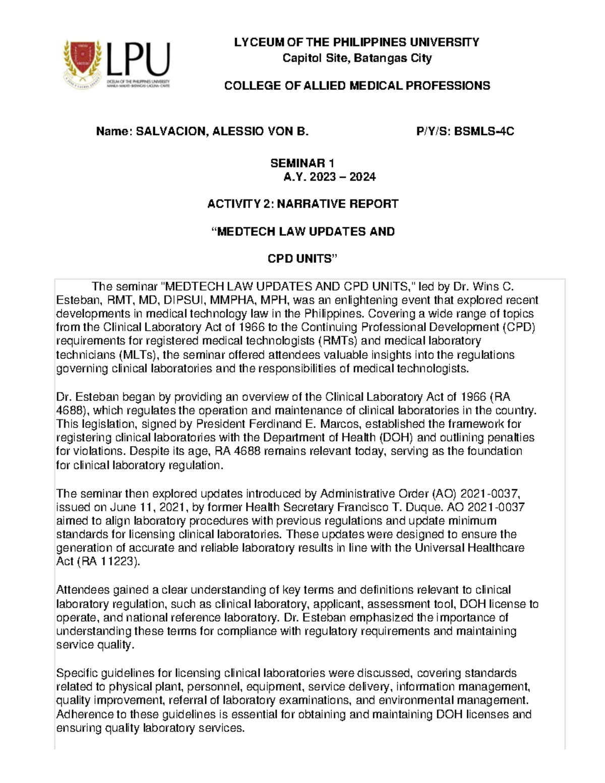 Narrative report cpd - CPD - LYCEUM OF THE PHILIPPINES UNIVERSITY ...