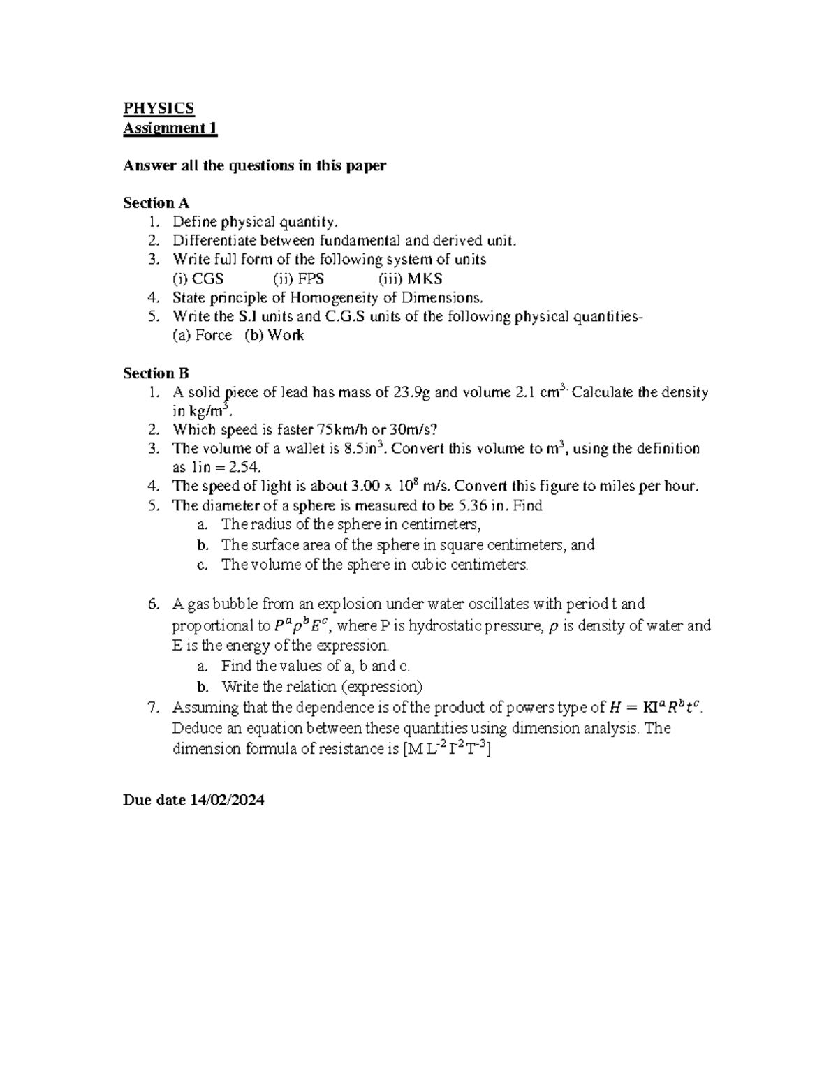 Assignment 1 with c - Applied physics - PHYSICS Assignment 1 Answer all ...