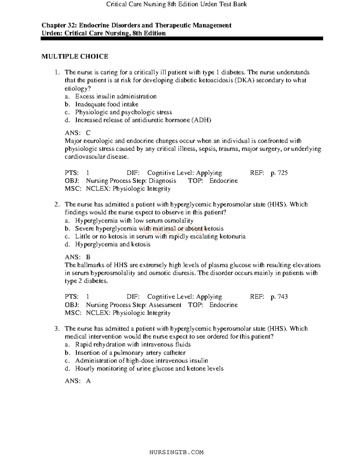 DKA hhs urden - Critical - NURSINGTB Chapter 32: Endocrine Disorders ...